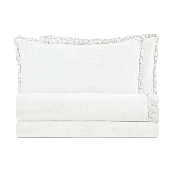 Pearl white StoneWash Cotton and Linen Sheet Set with Ruffle - River ...
